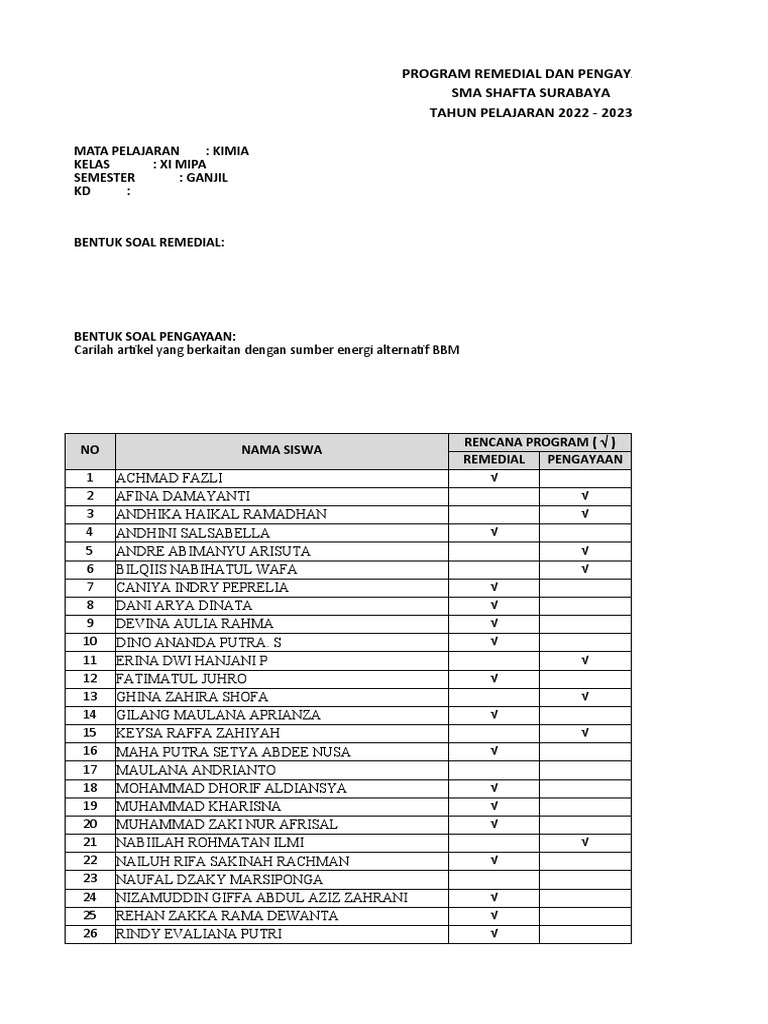 Format Program Remedial Dan Pengayaan | PDF