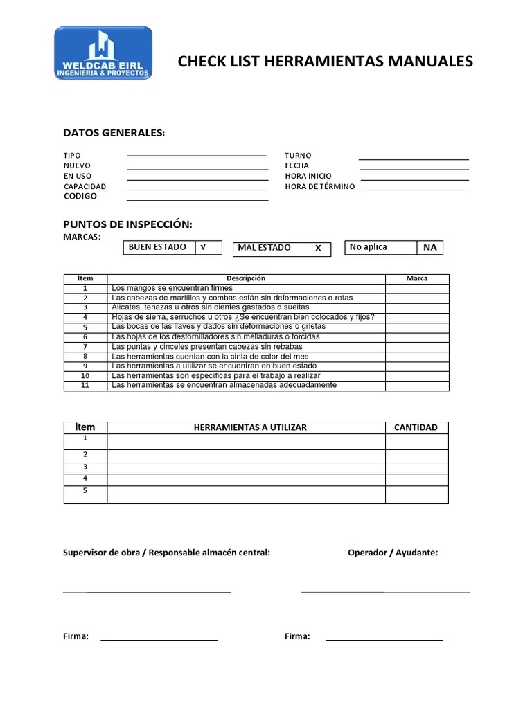 Check List Herramientas Manuales | PDF