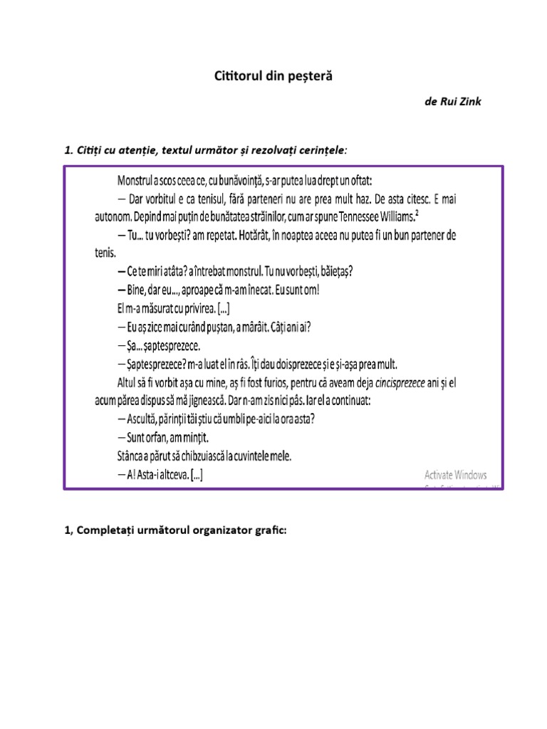 Cititorul Din Pestera Si Vorbirea Indirecta - Fisa de Lucru | PDF