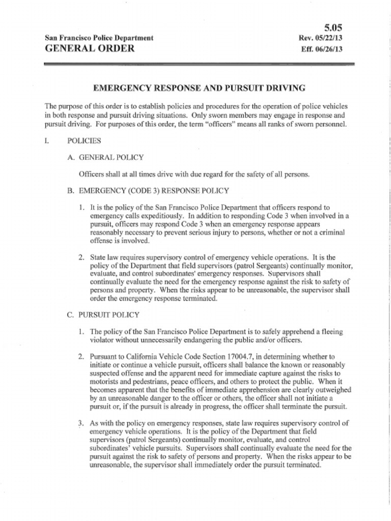 SFPD General Order 5.05: Pursuit Policies | PDF | Traffic | Police