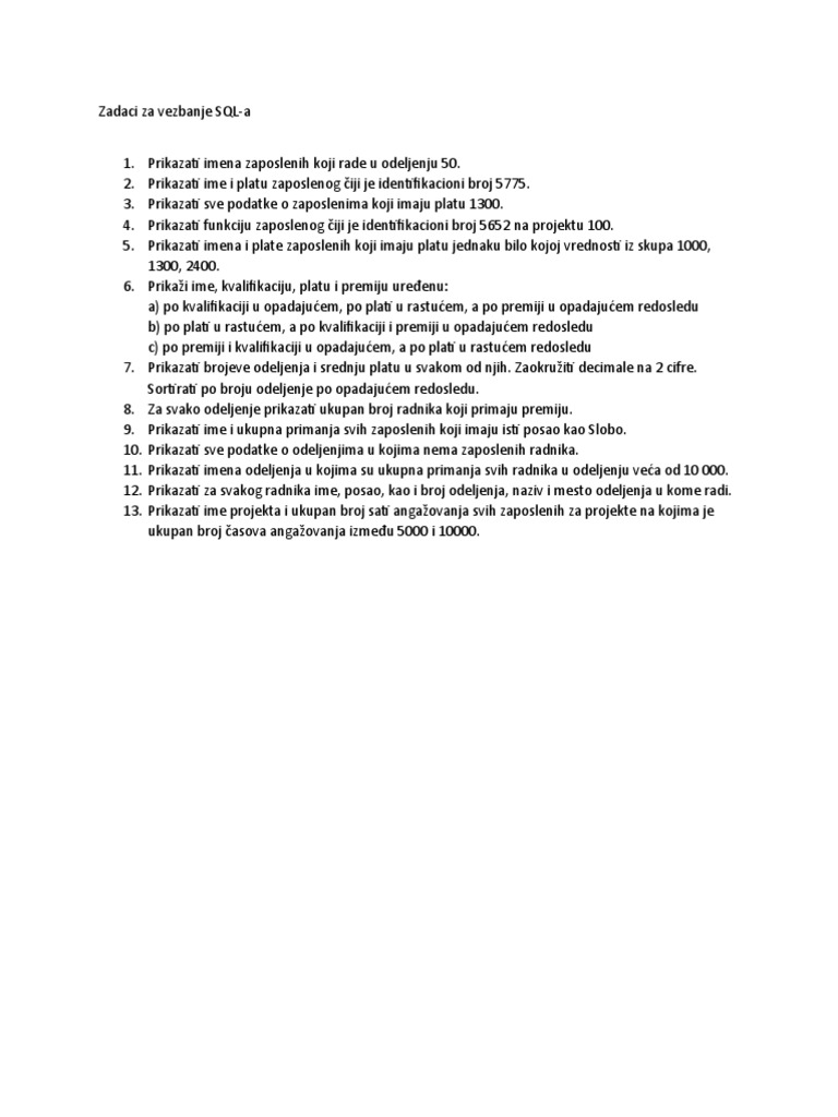 Zadaci Za Vezbanje SQL | PDF