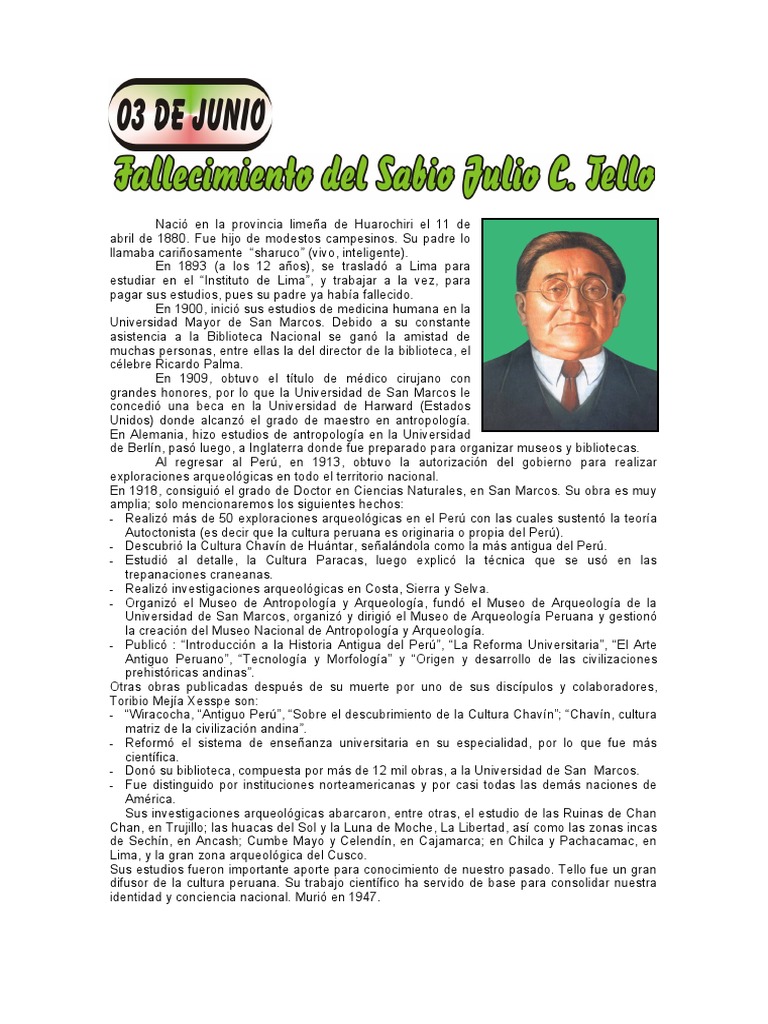 03 DE JUNIO - Fallecimiento Del Sabio Julio C. Tello. | PDF | Perú