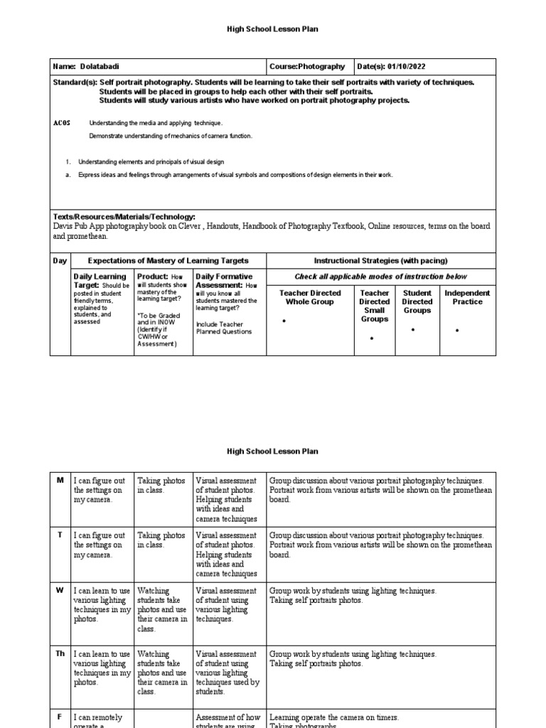 Self Portrait Photography Lesson Plan 2023 | PDF | Lesson Plan | Teachers
