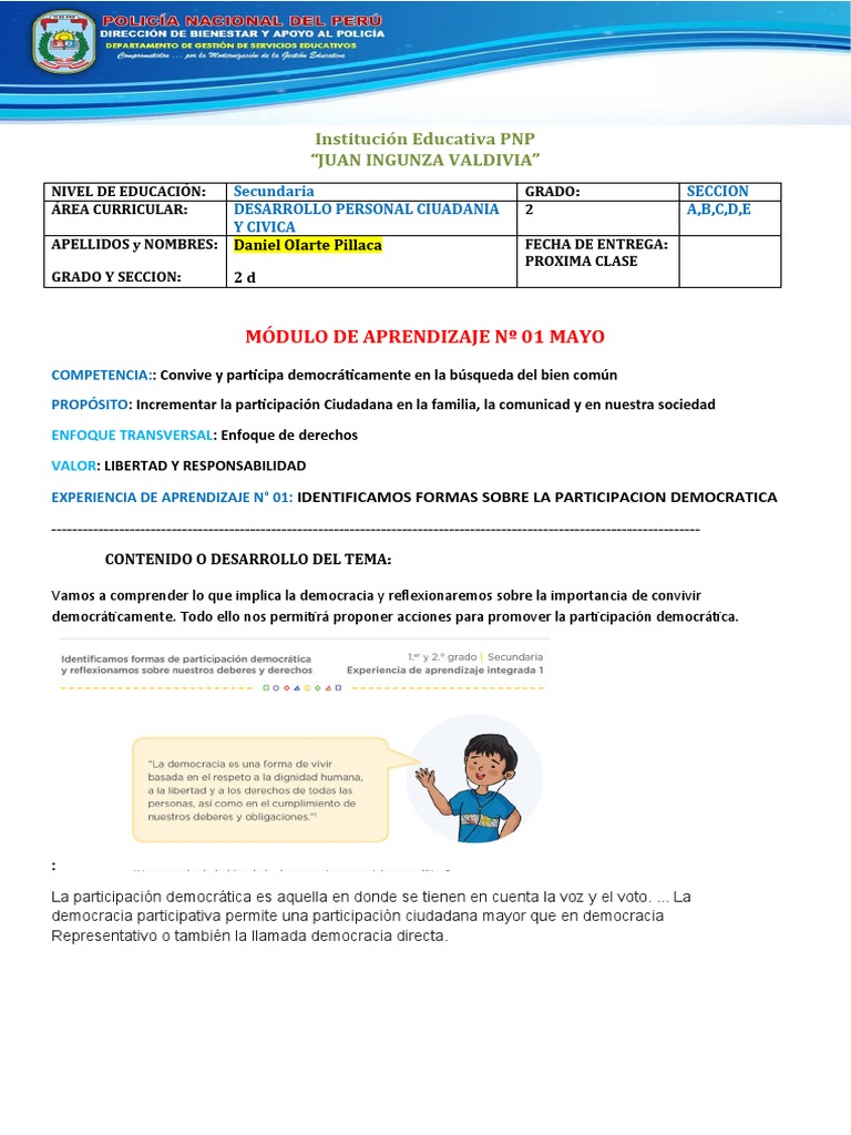 Modulo N°01 Mayo Dpcc-Primero Sec-Daniel Olarte Pillaca | PDF ...