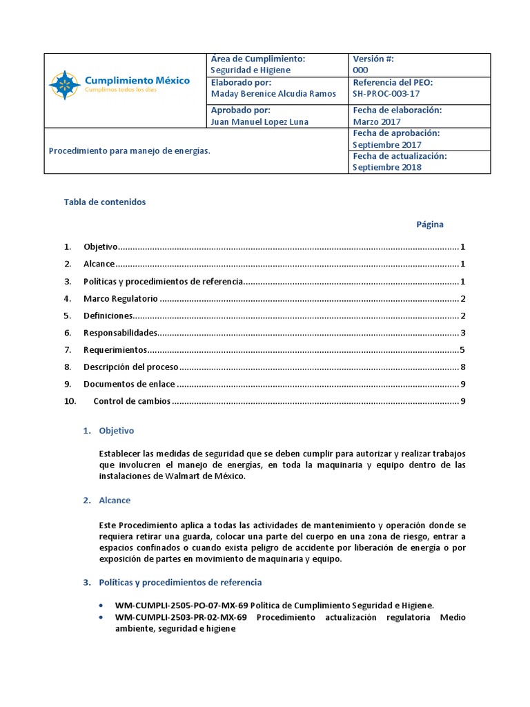 SH-PROC-003-17 Procedimiento para Manejo de Energías | PDF | Ingenieria ...