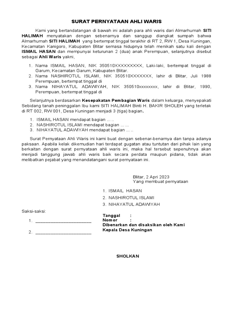 Surat Pernyataan Ahli Waris | PDF