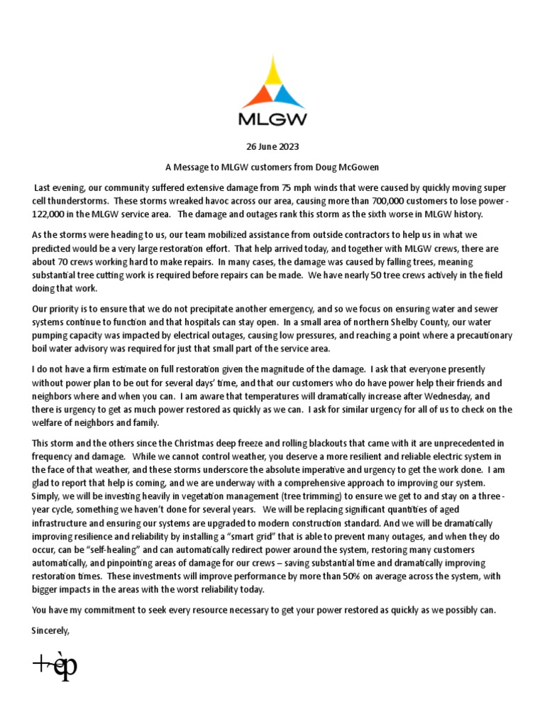 6-26-23 A Message From MLGW President and CEO Doug McGowen | PDF ...