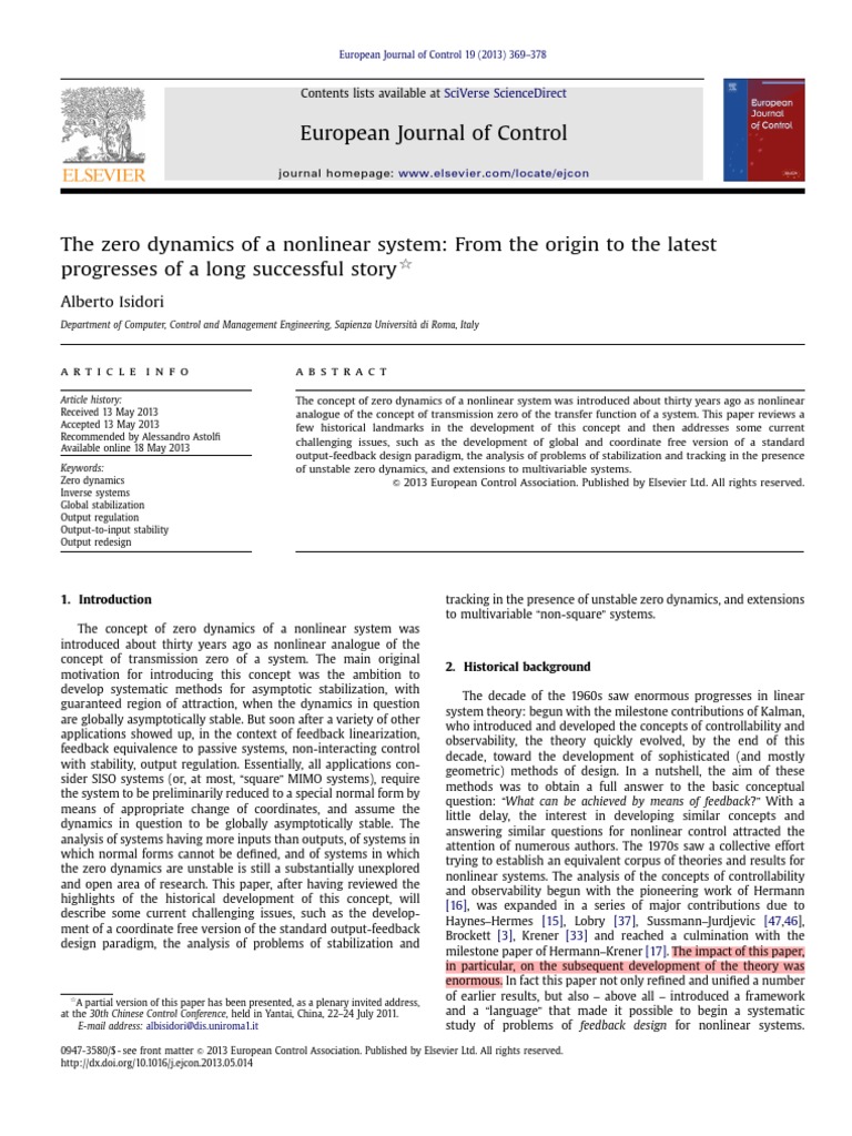 Zero Dynamics Survey | PDF | Control Theory | Stability Theory