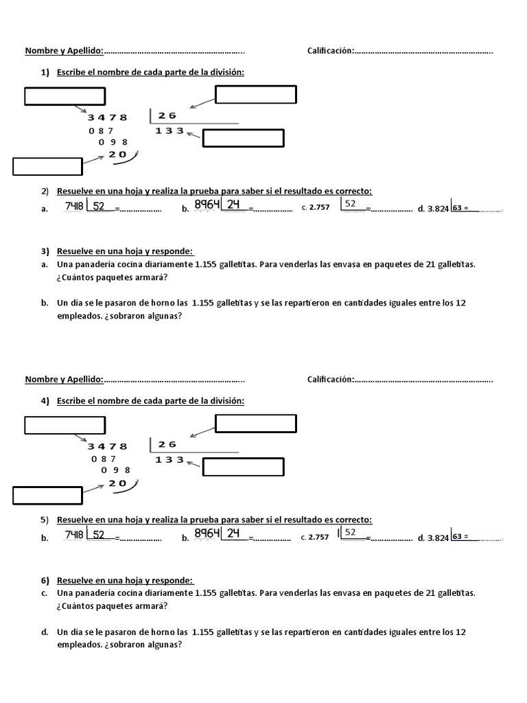 Evaluacion Prueba Divisiones Por Dos Cifras | PDF | Métodos y ...