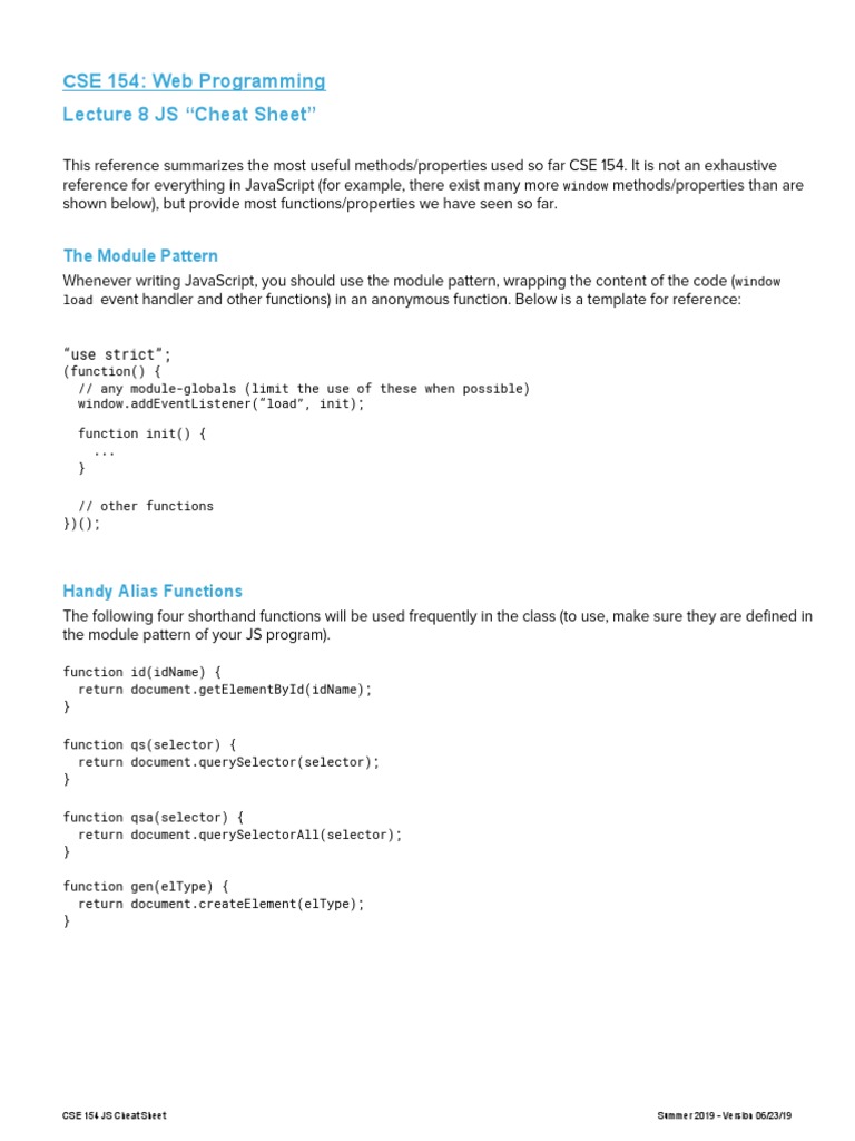Js Cheatsheet | PDF | Document Object Model | Java Script