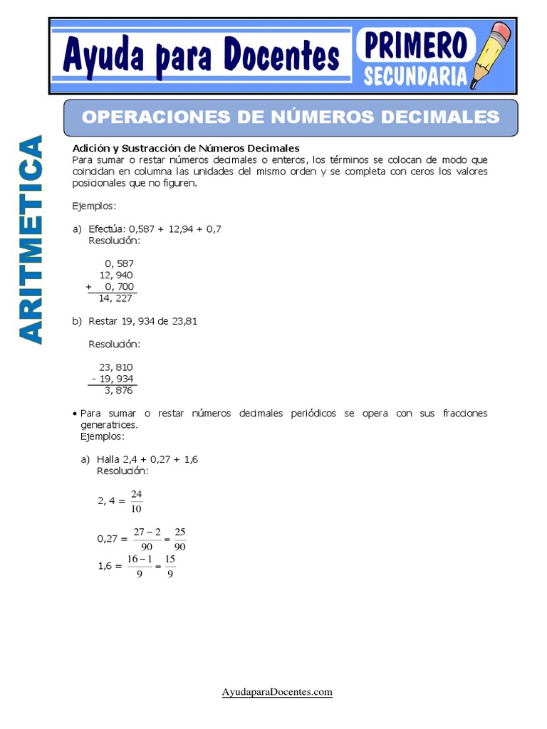 Operaciones Con Numeros Decimales para Primero de Secundaria | PDF ...