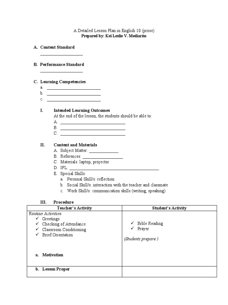 A Detailed Lesson Plan In English 10 Prose Pdf