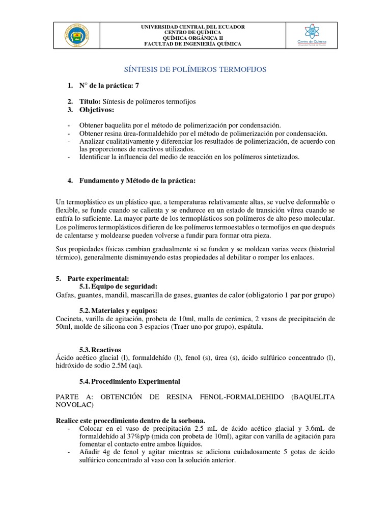 FIQ QOII - Guía - Síntesis de Polímeros Termofijos | PDF | Polímeros ...