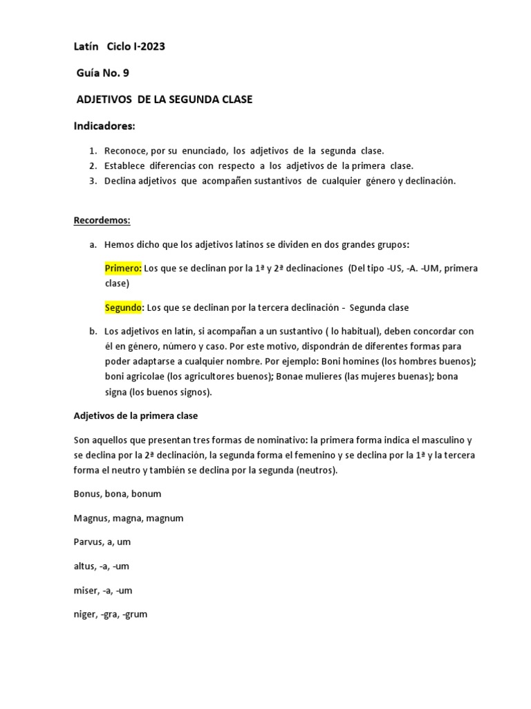 Guía N.º 9 - Adjetivos de La Segunda Clase | PDF | Adjetivo | Género ...