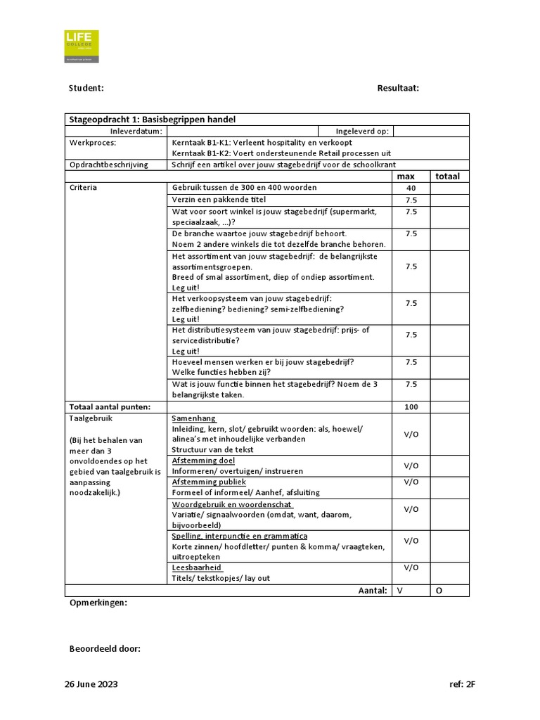 STG01 Beoordelingsformulier | PDF