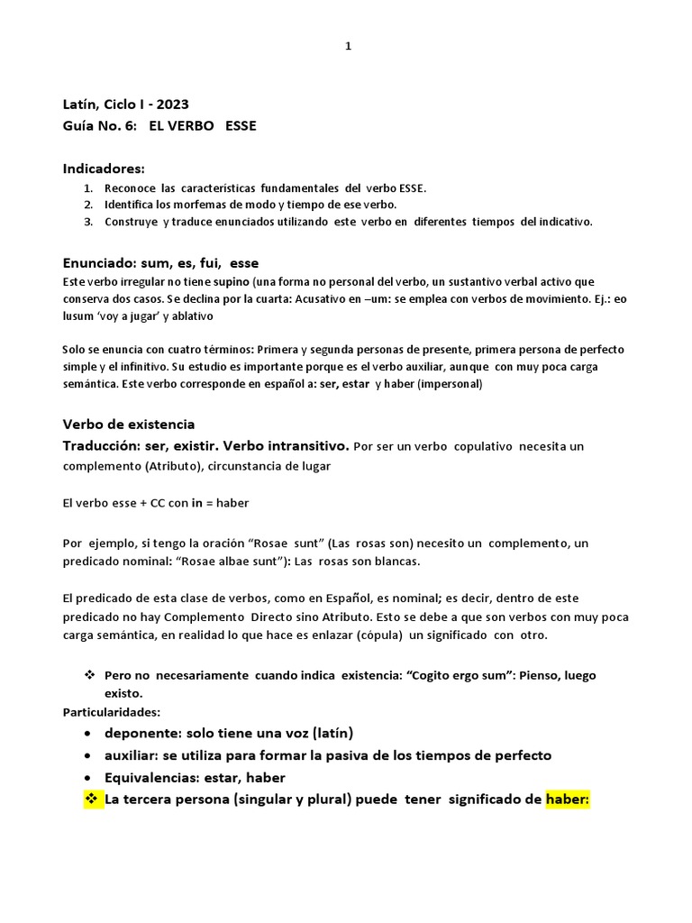 Guía del Verbo "Esse" en Latín | PDF | Verbo | Predicado (Gramática)