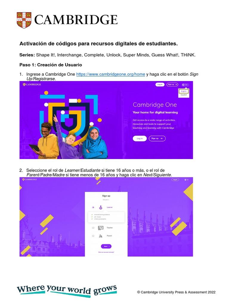 Cambridge One - Guía de Activación de Recursos Digitales y Reporte de ...