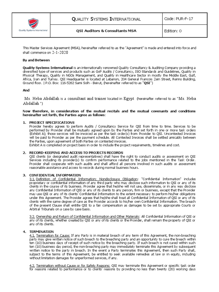 QSI F 20 QSI Auditors Consultants MSA Without Exhibit A | PDF | Breach ...
