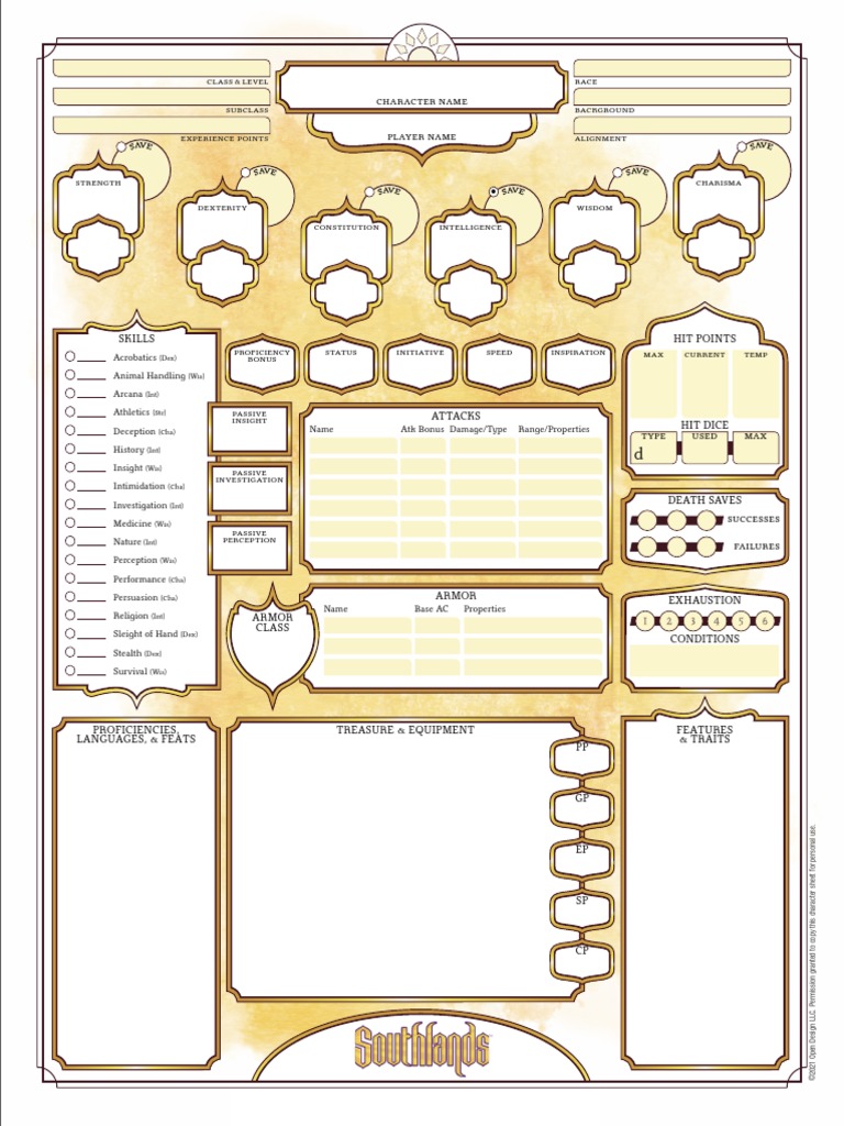 Southlands Character Sheet Fillable Czofmz | Download Free PDF | Role Playing | Gaming