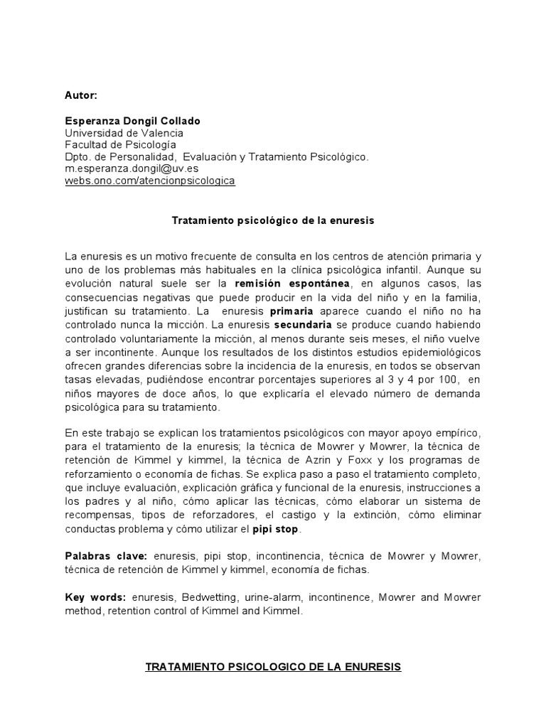 Tratamiento Psicologico De La Enuresis PDF Vejiga Urinaria Orina