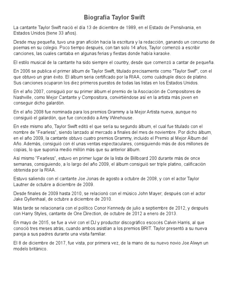 Biografía Taylor Swift | PDF | Taylor Swift | Música grabada