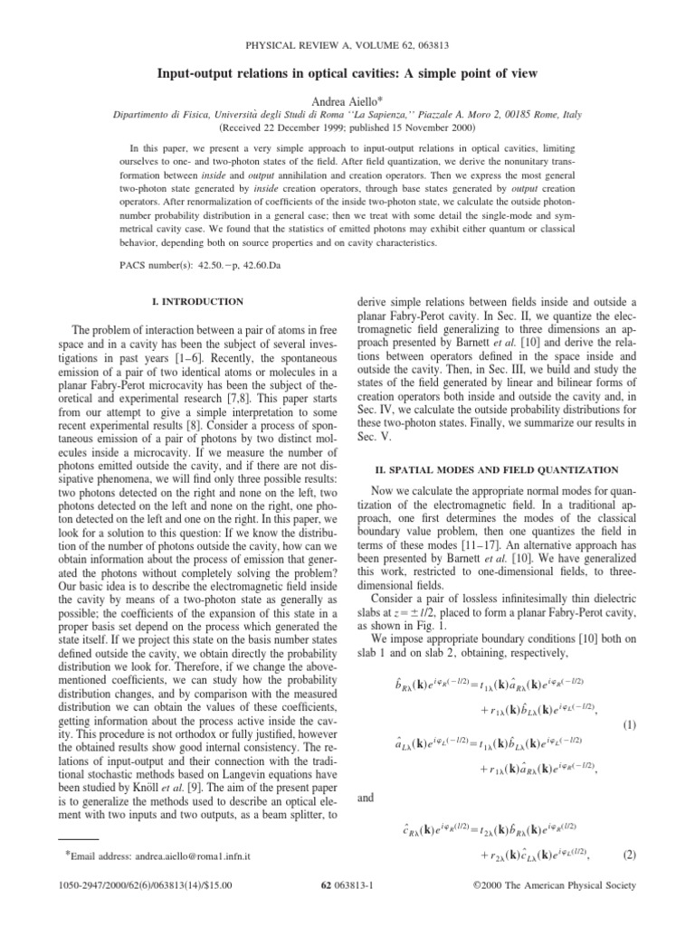 Input-Output Relations in Optical Cavities: A Simple Point of View ... Input-Output Relations in Optical Cavities: A Simple Point of View ...