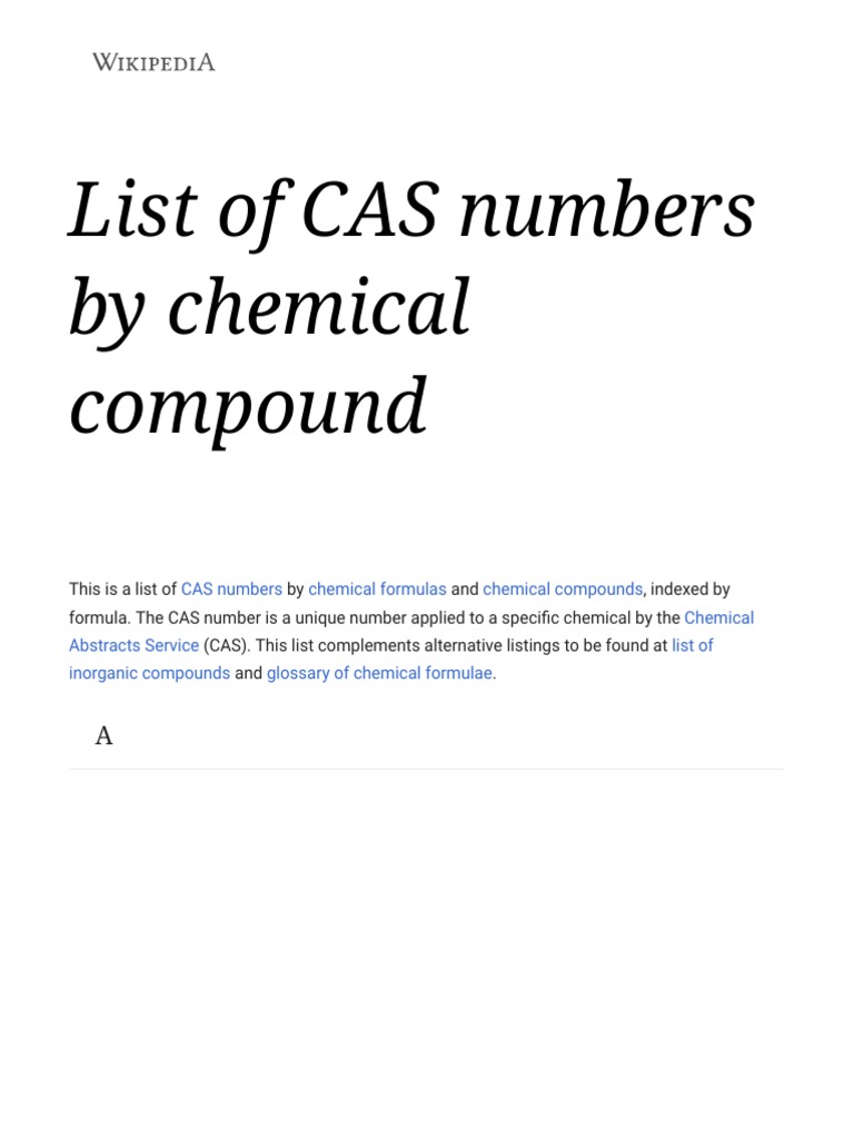 List of CAS Numbers by Chemical Compound - Wikipedia | PDF | Silver | Aluminium