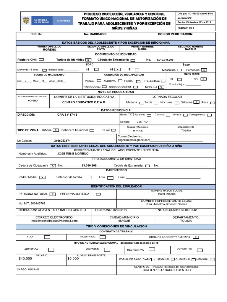 Formulario para Autorizacion de Trabajo Menor de Edad | PDF