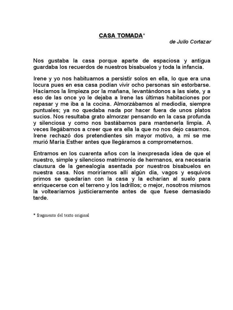 Locucion - Relato Casa Tomada (Julio Cortazar) | PDF