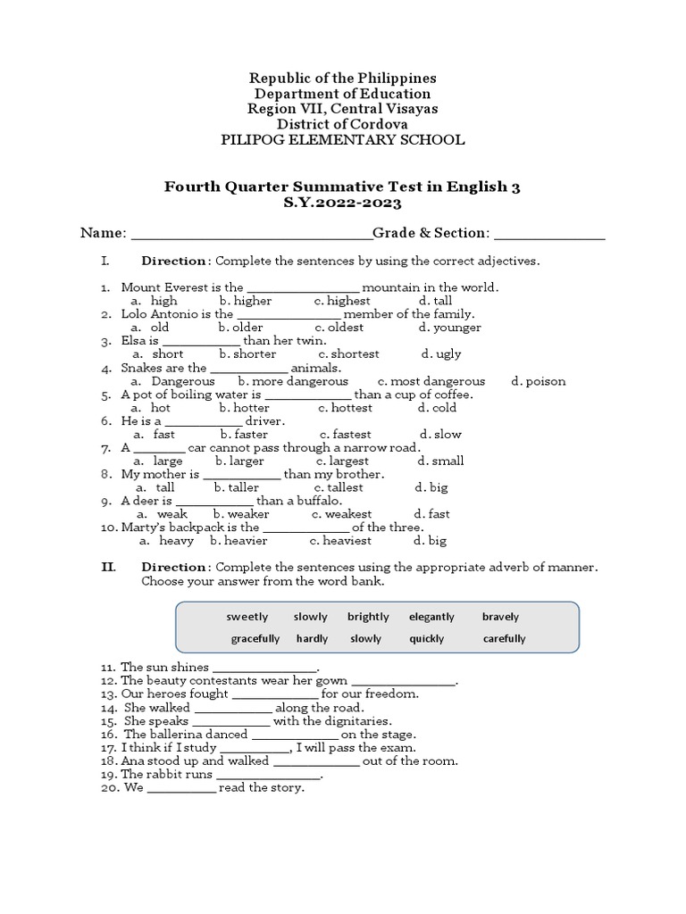 4th Periodical Test in English 3 | PDF
