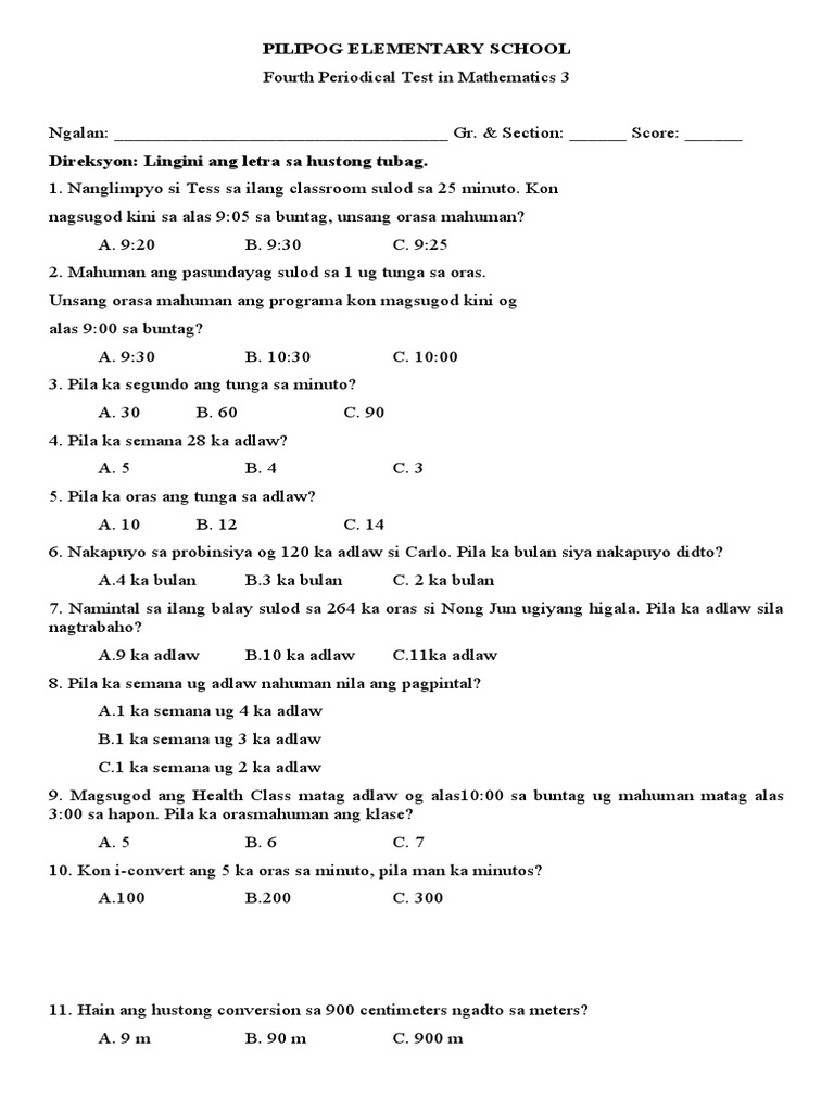 Math 4th Periodical Test | PDF