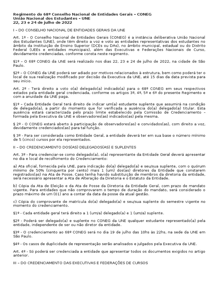 Regimento Do 68o CONEG Da UNE | PDF | Direito