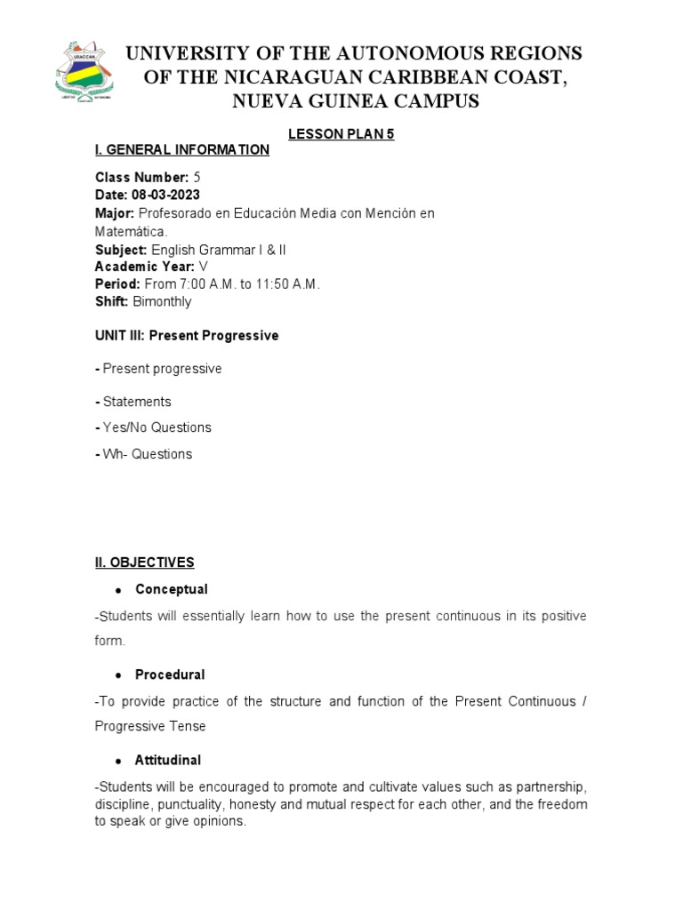 Class 5 English Lesson Plan: Present Progressive | PDF | Question | Lesson Plan