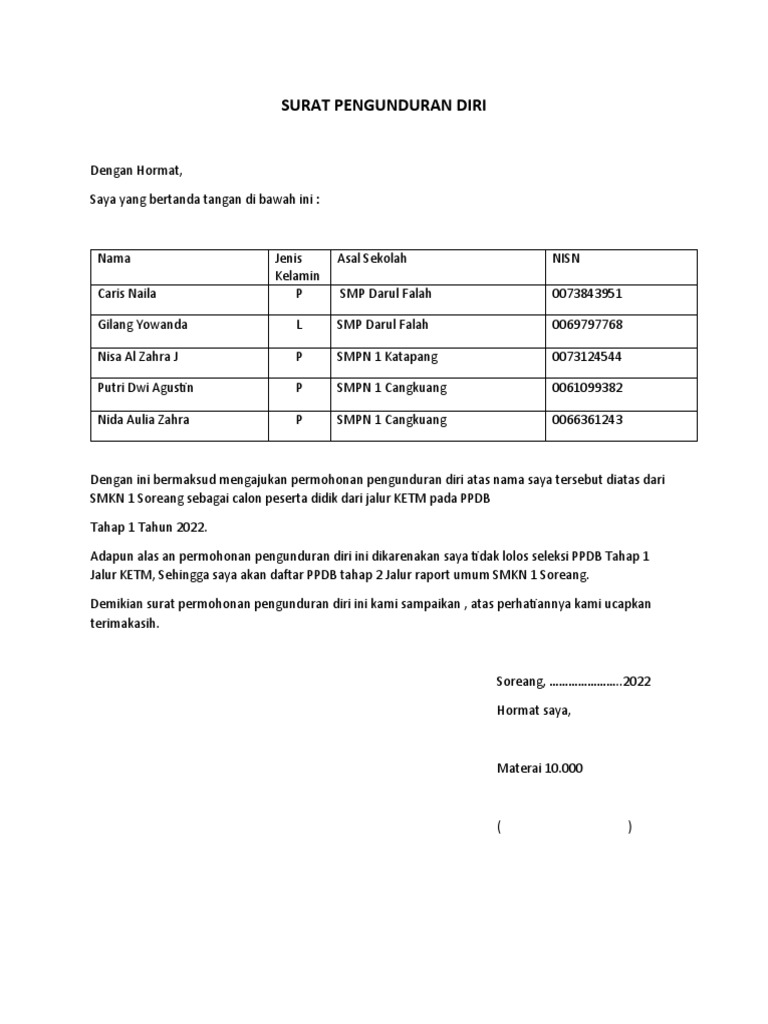 SURAT PENGUNDURAN DIRI PPDB | PDF