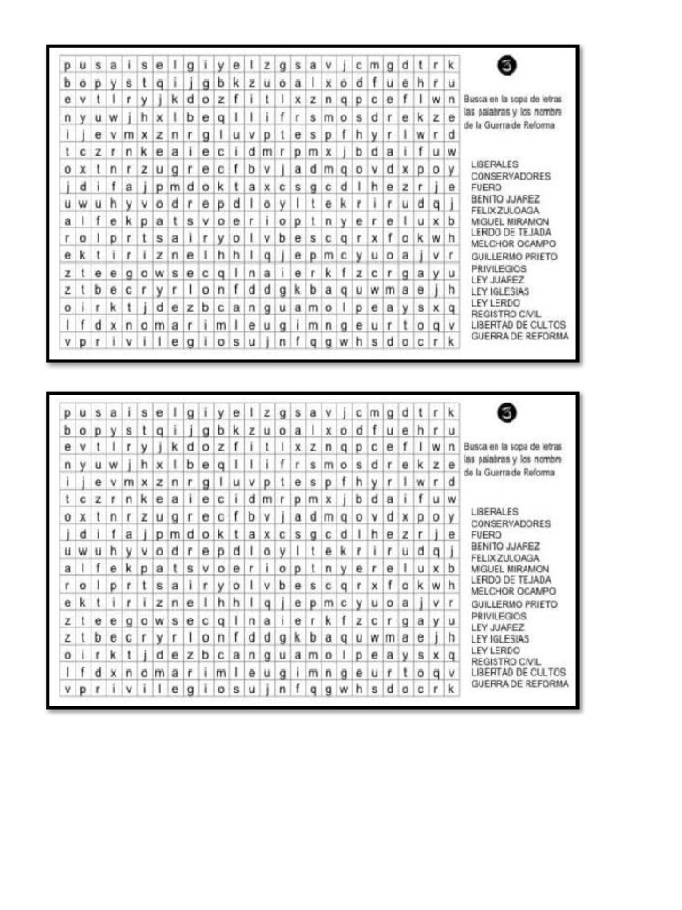 sopa de letras guerra de reforma | PDF