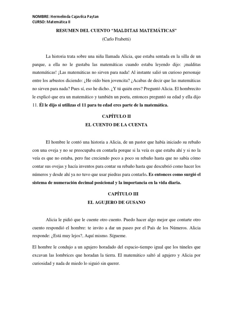 Resumen Del Cuento Malditas Matematicas | PDF | Las aventuras de Alicia ...