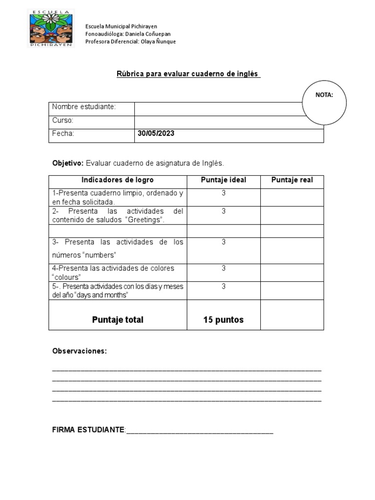Rubrica para Evaluar Cuaderno de Caligrafía | PDF