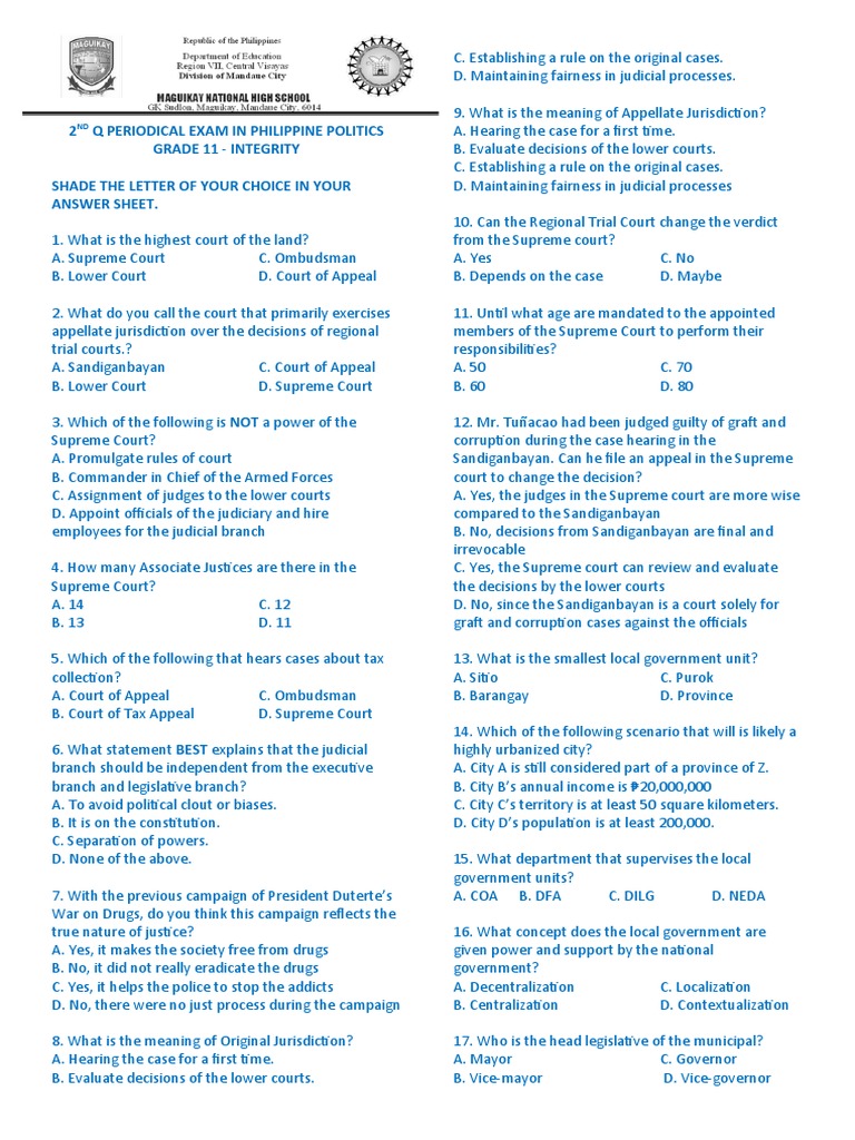 2nd Q PERIODICAL EXAM IN PPG | PDF | Supreme Courts | Appellate Court