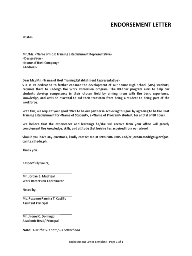 Endorsement Letter for Work Immersion | PDF | Business