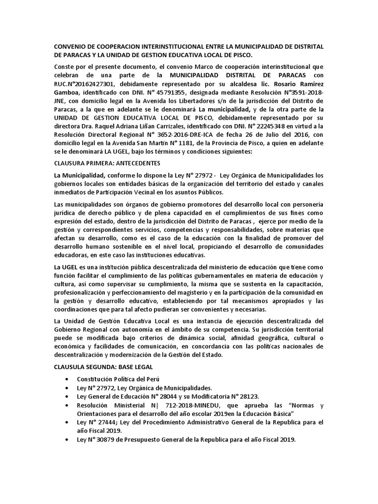 Convenio De Cooperacion Interinstitucional Entre La Municipalidad De