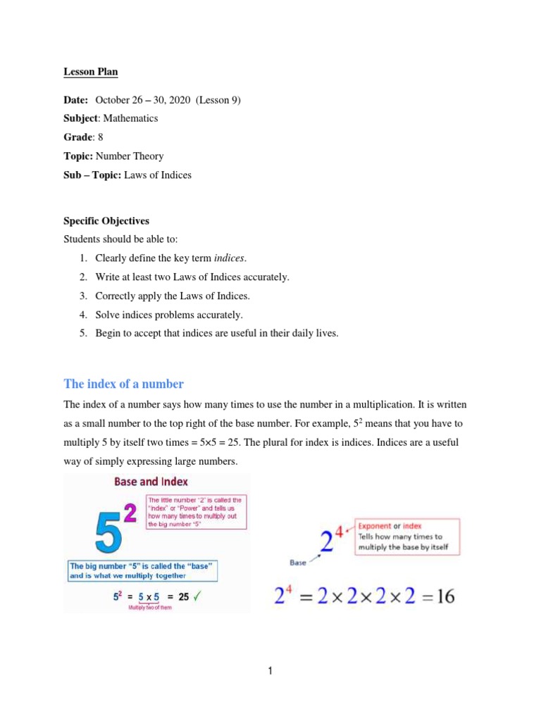 Laws of Indices Lesson Plan for Grade 8 | PDF | Multiplication | Numbers