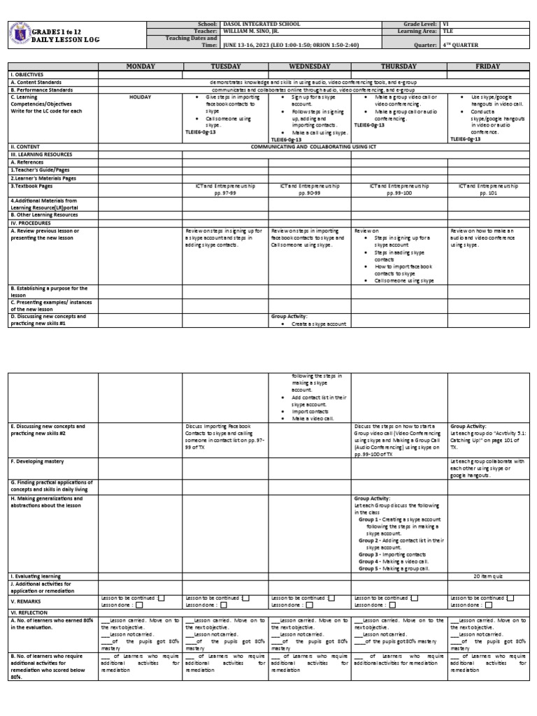 Grade 6 TLE Lesson Plan: ICT Skills | PDF | Educational Technology ...