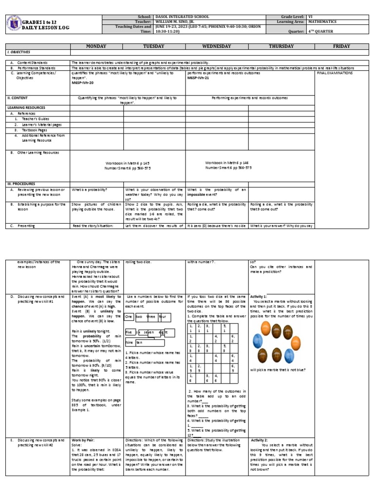 Daily Lesson Plan_MATHEMATICS 6_Q4_W8 | PDF | Probability | Odds