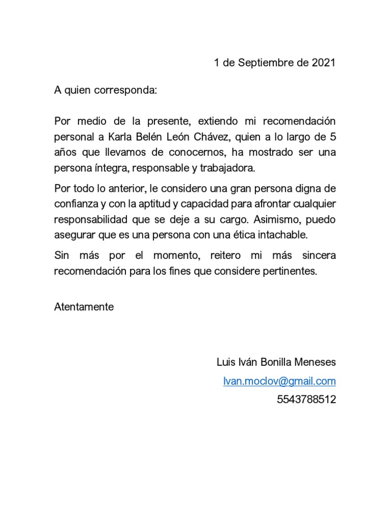 Recomendación para Karla Belén León | PDF | Relaciones personales ...