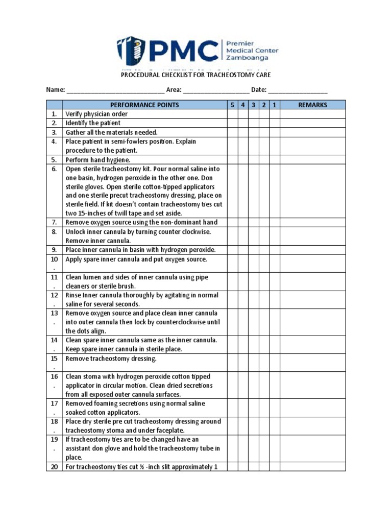 Procedural Checklist For Care of Tracheostomy | PDF | Hand Washing