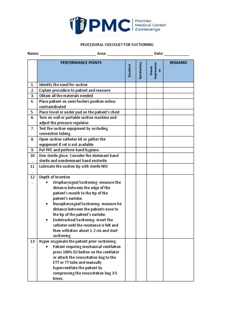 Procedural Checklist For Suctioning | PDF | Cardiopulmonary ...