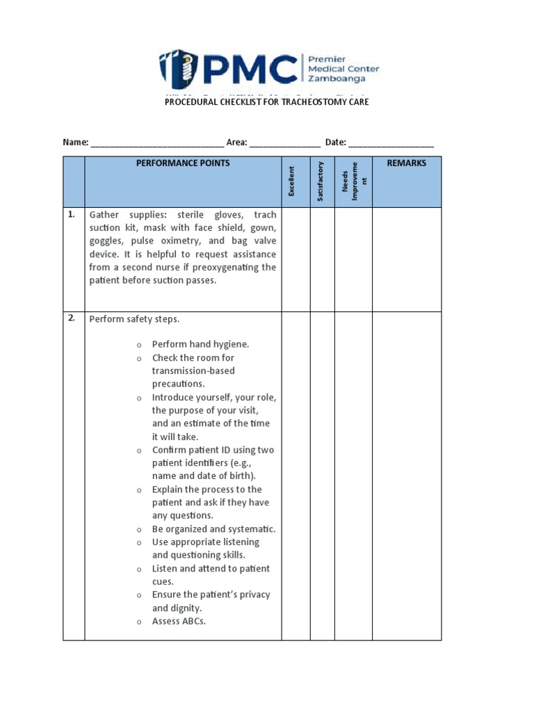 Procedural Checklist For Tracheostomy Care | PDF | Catheter | Patient