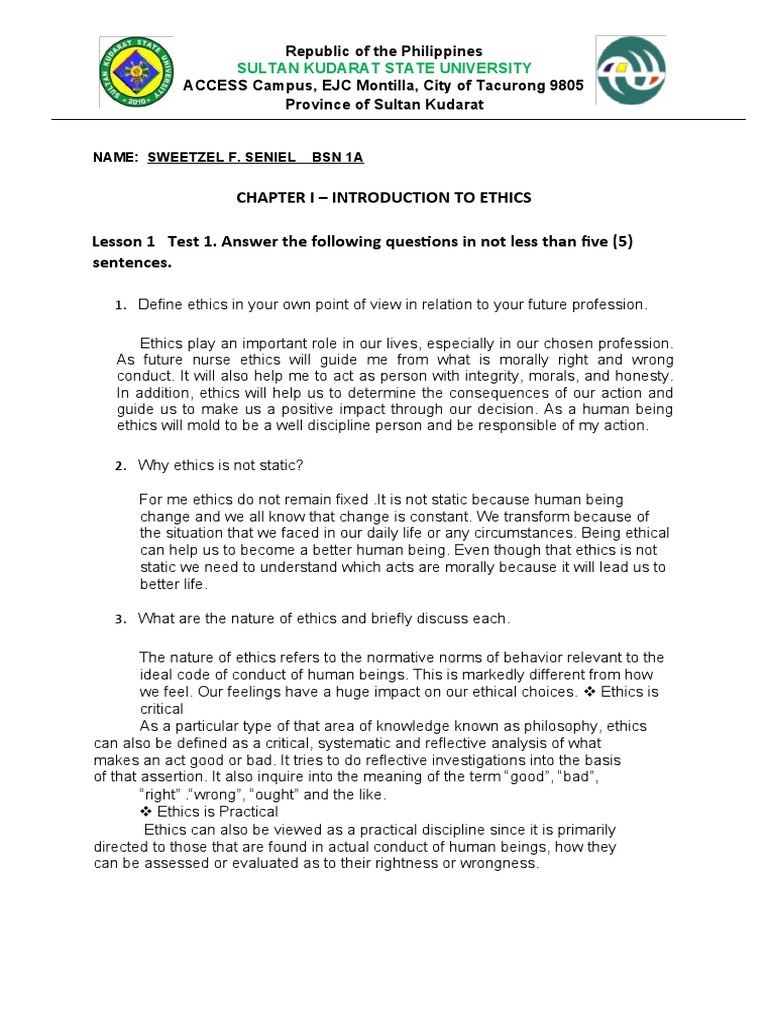 Chapte 1 Ethics Assessment Pdf Morality Rationality