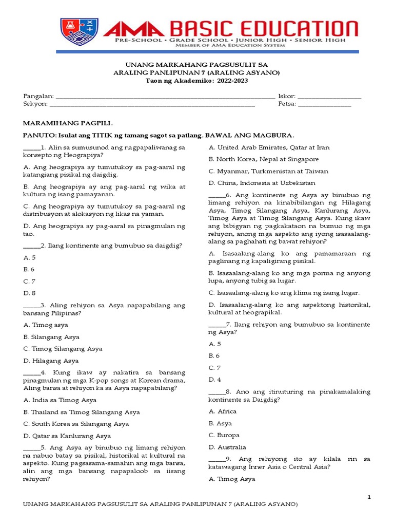 1st Quarterly Examination in AP 7 | PDF