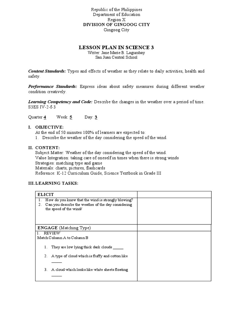 Weather and Wind Lesson Plan for Grade 3 | PDF | Wound | Learning